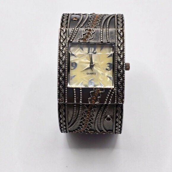 Avon | Accessories | Vintage Avon Cuff Bracelet Watch Quartz Gun Metal ...